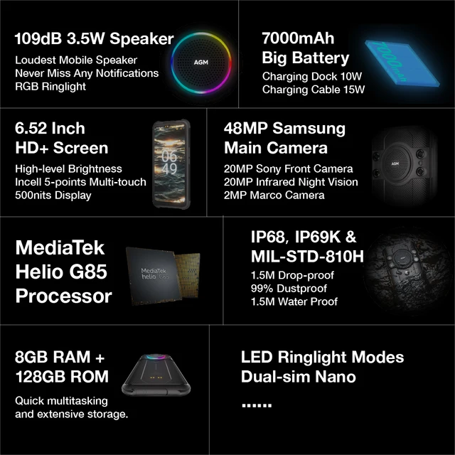 AGM H5 Pro Global Version 8+128G Rugged Smartphone MTK G85 ,6.5"48MP Camera Night Version ...