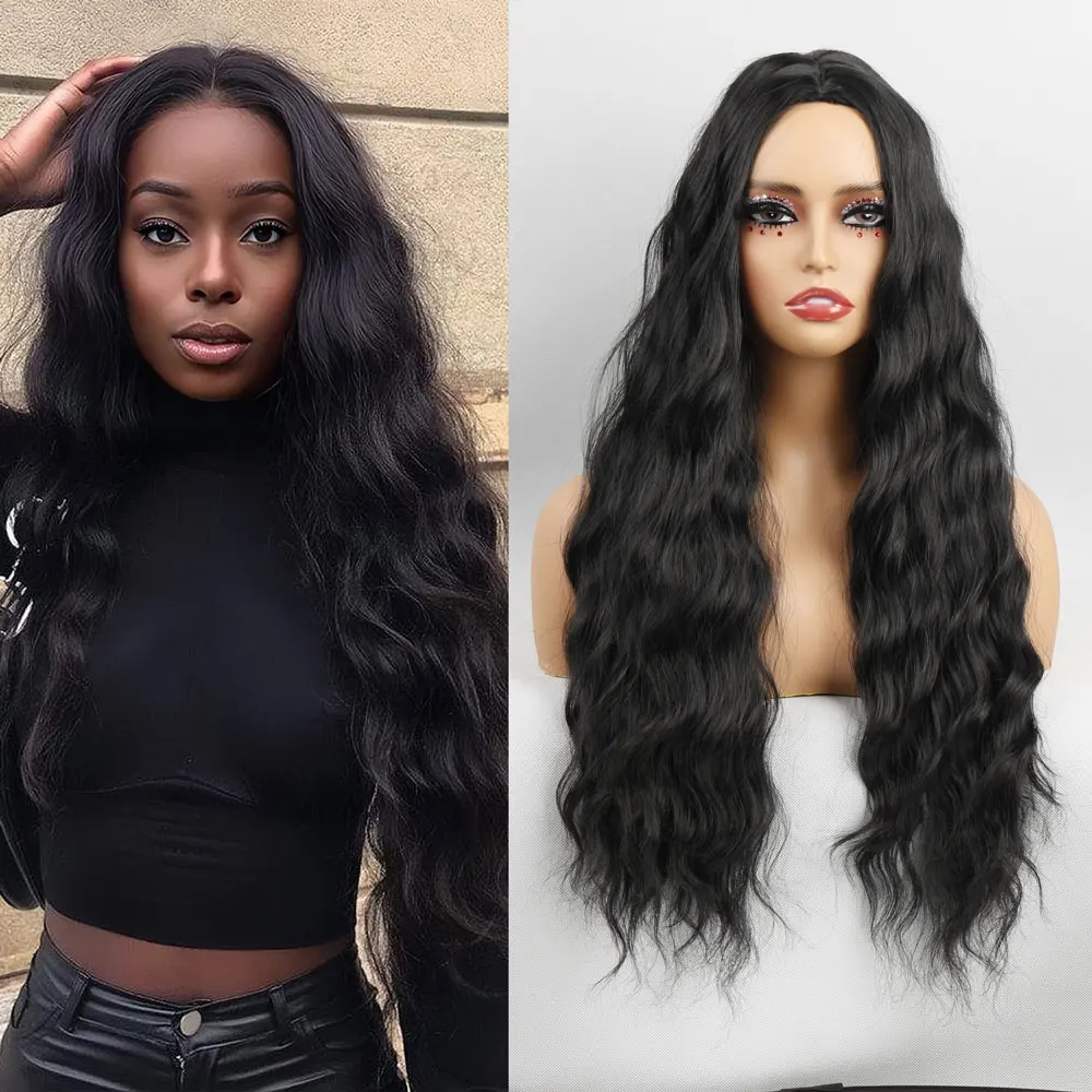 Long Deep Wave Wig Black Natural Soft Middle Part Female Hair Wig for ...