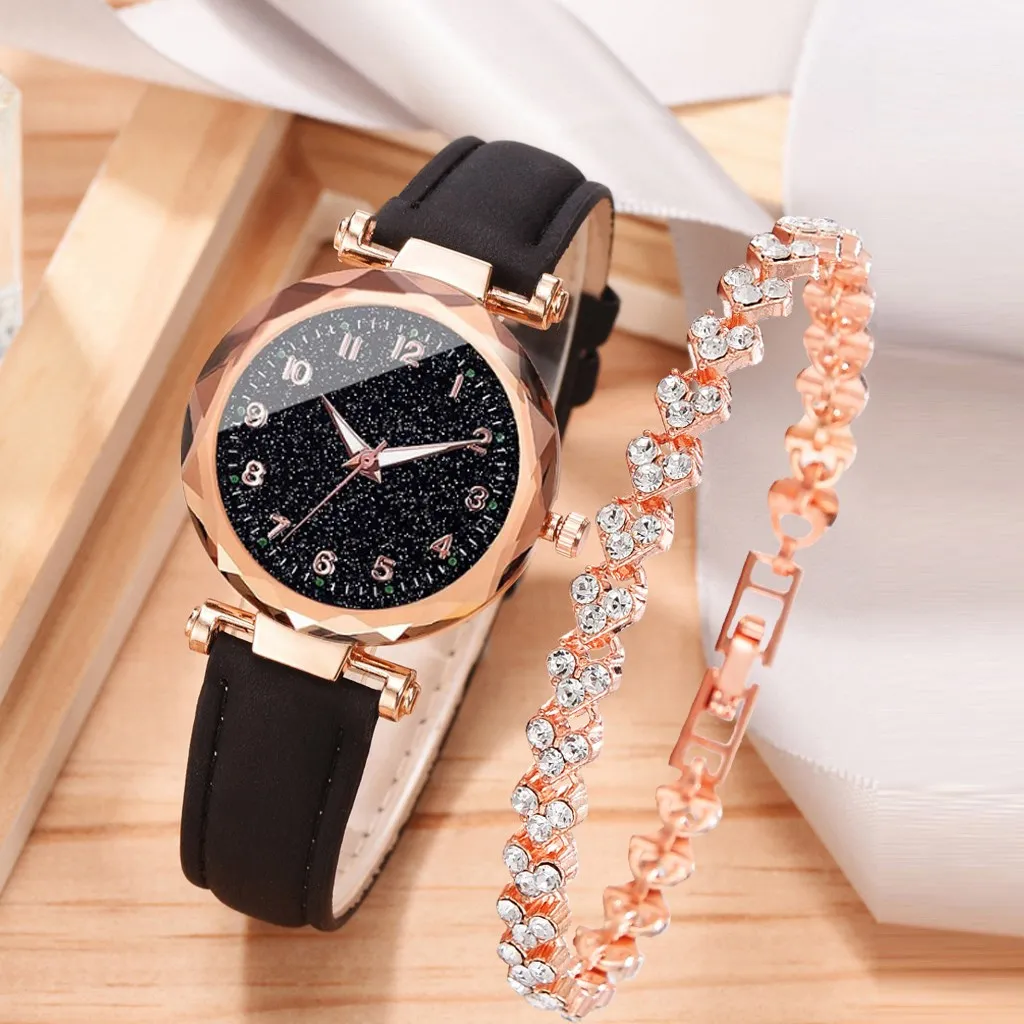 2pcs Luxury Fashion Women Watch Set Colourful PU Leather Strap Ladies ...