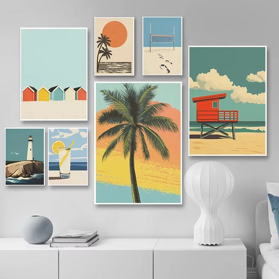 Minimalist Summer Beach Lighthouse Seagull Ocean Palm Tree Posters ...