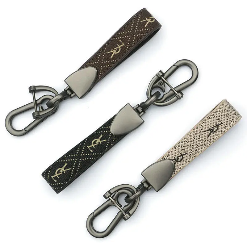Luxury Genuine Leather Lanyard Keychain Men Women Square Pattern ...