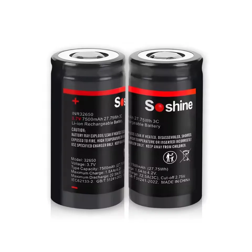 Soshine 32650 3.7V 7500mAh Rechargeable Li-ion Battery 15A Rechargeable ...