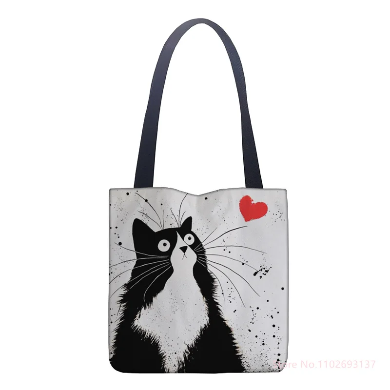 New-Lady-Tote-Bags-Black-White-Cute-Cat-Printed-Fabric-Eco-Handbag-High ...