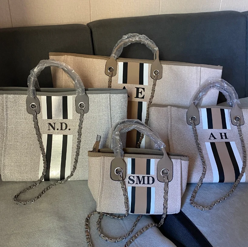 Personalized-Monogram-Tote-Bag-Customised-Chain-Handbag-White-Stripe ...
