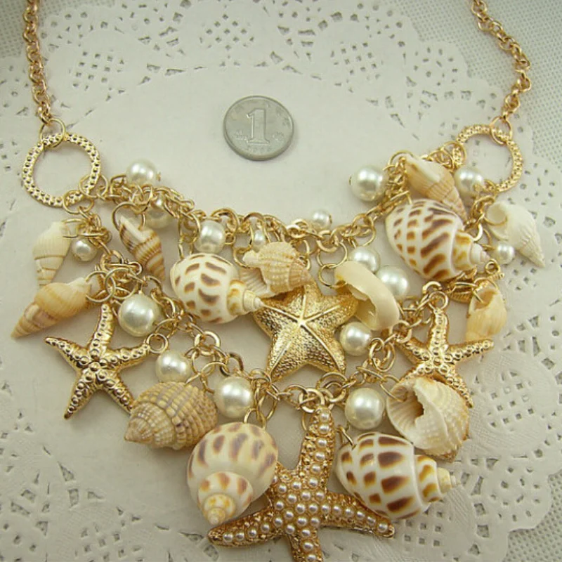 Conch Shell Starfish Simulated Pearl Necklace Sweet Fashion Sea Star ...
