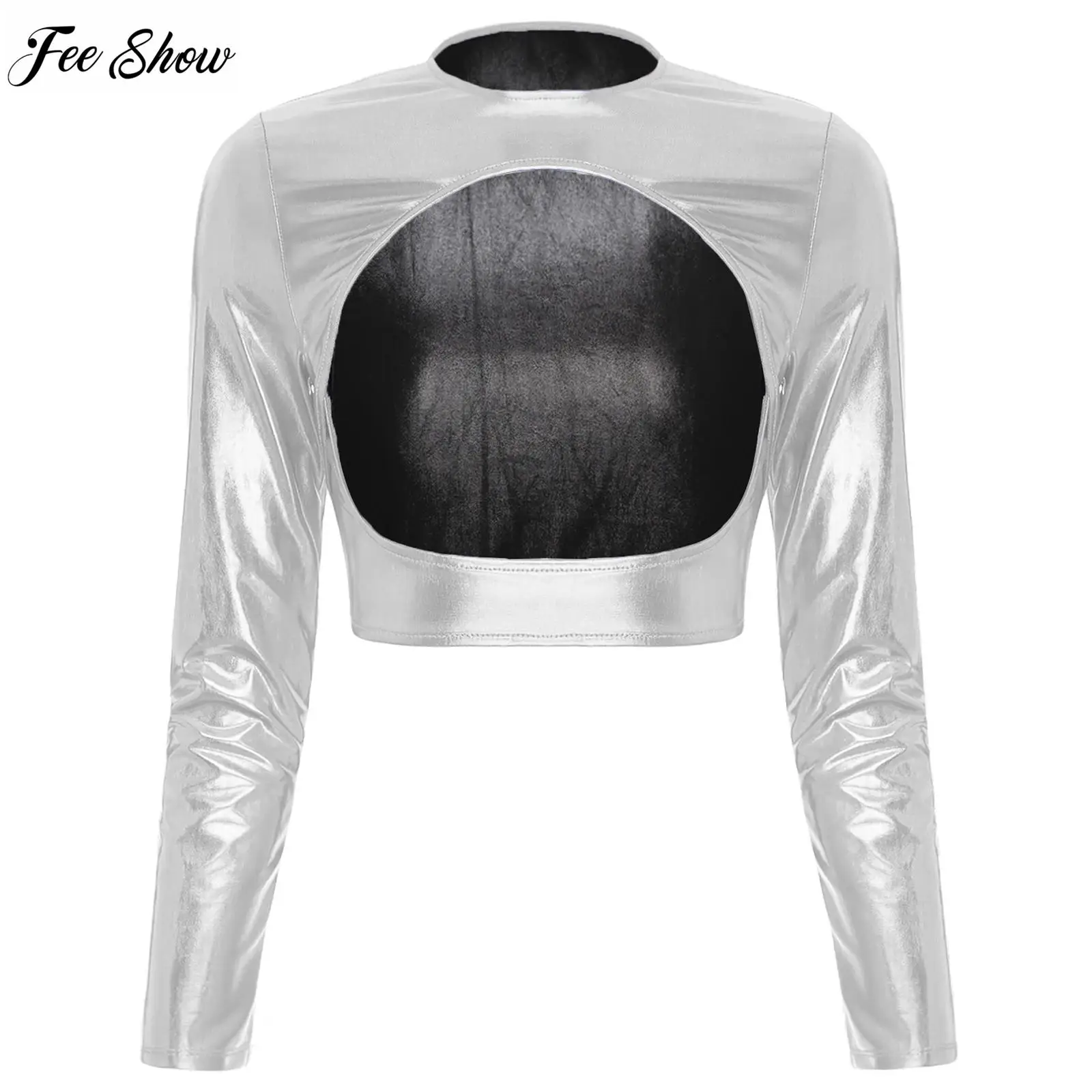 Womens-Metallic-Shiny-Cut-Out-Open-Bust-Crop-Top-Long-Sleeve-Open-Front ...