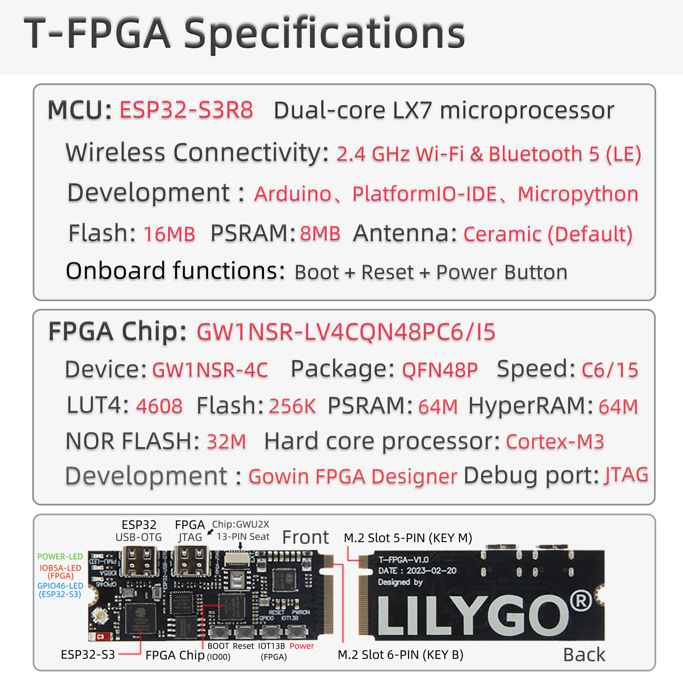 Kit t-fpga - Carte de développement ESP32-S3 T-FPGA M.2 Slot FPGA GW1NSR-LV4CQN48PC6-I5 ...