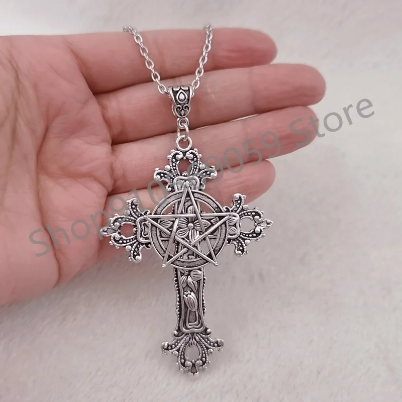 Large-Cross-Pentacle-Pentagram-Necklace-Pendant-Floral-Filigree ...