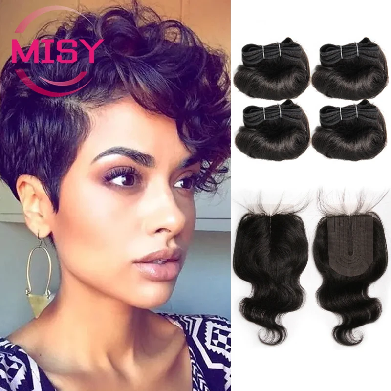 Short-Curly-Human-Hair-Bundles-With-Closure-Brazilian-Natural-Hair ...