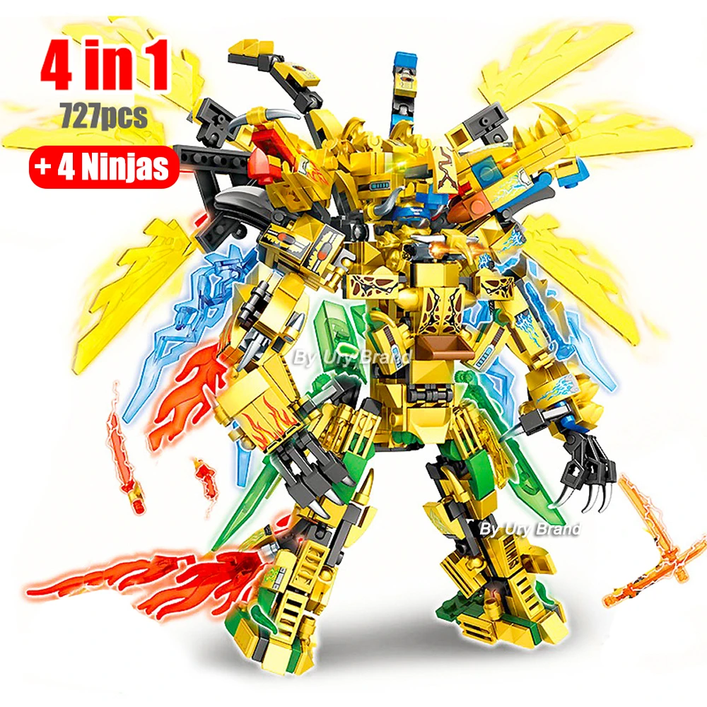 4in1 Ninja Golden Warrior Robot Mech 2 Heads Flying Dragons Set Fighter ...