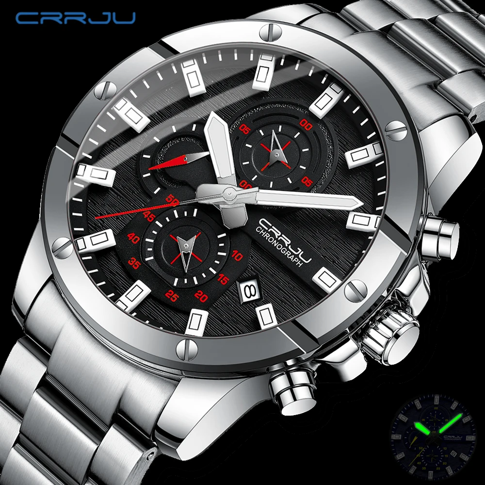 CRRJU Men Watch NEW Quartz Chronograph Luminous Full Steel Waterproof ...