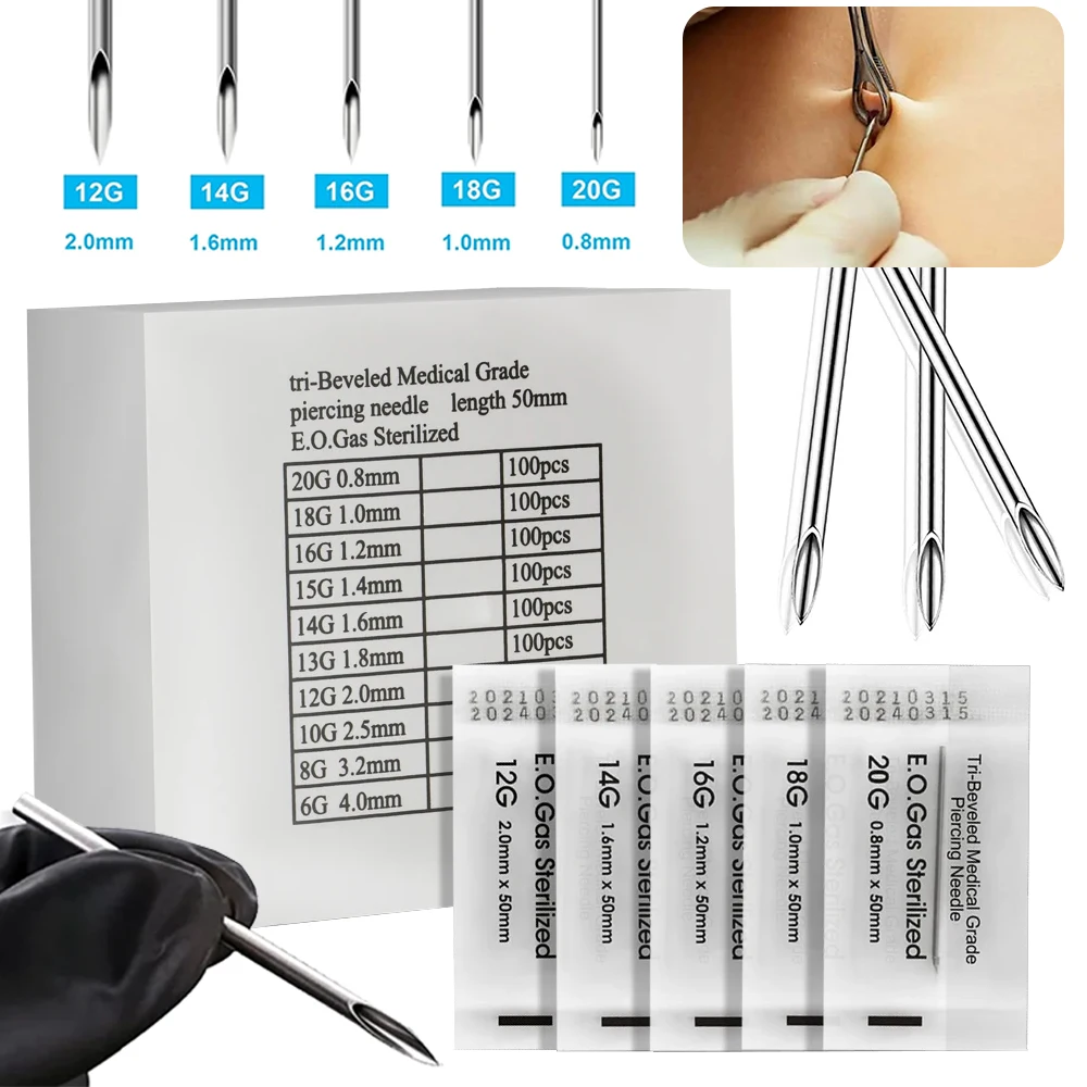 100/50/20/5pcs Body Piercing Needle Sterile Disposable Ear Nose Navel ...