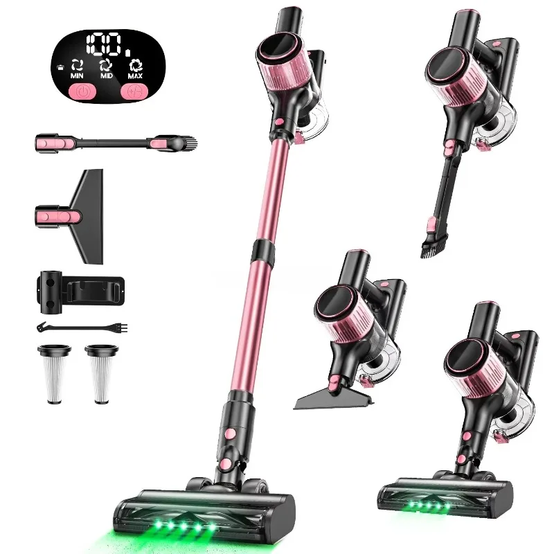 Pink Cordless Vacuum Cleaner, Anti-Tangle, LED Display, 3 Modes Suction ...