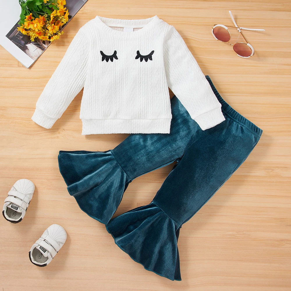 Baby Girl Suit Round Neck Long Sleeve Top Solid Color Bell bottoms Two ...