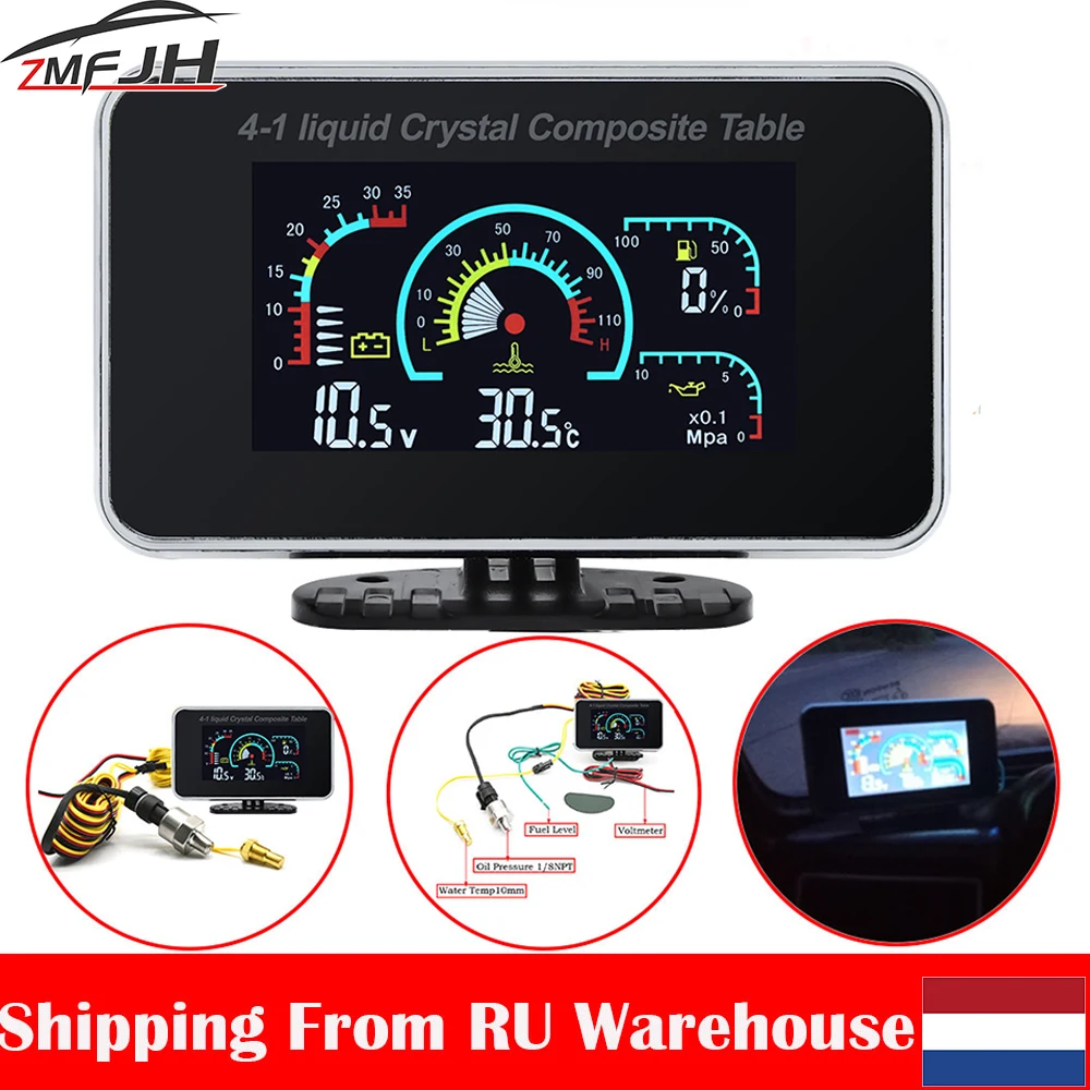 4-In-1-LCD-12v-24v-Oil-Pressure-Voltmeter-Volt-Water-Temperature-Oil ...