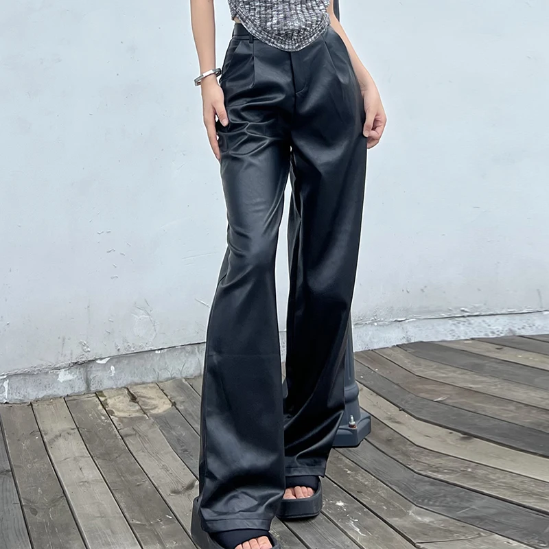 2024Black-Pu-Leather-Pants-Women-High-Waist-pu-leather-Trousers-Trendy ...