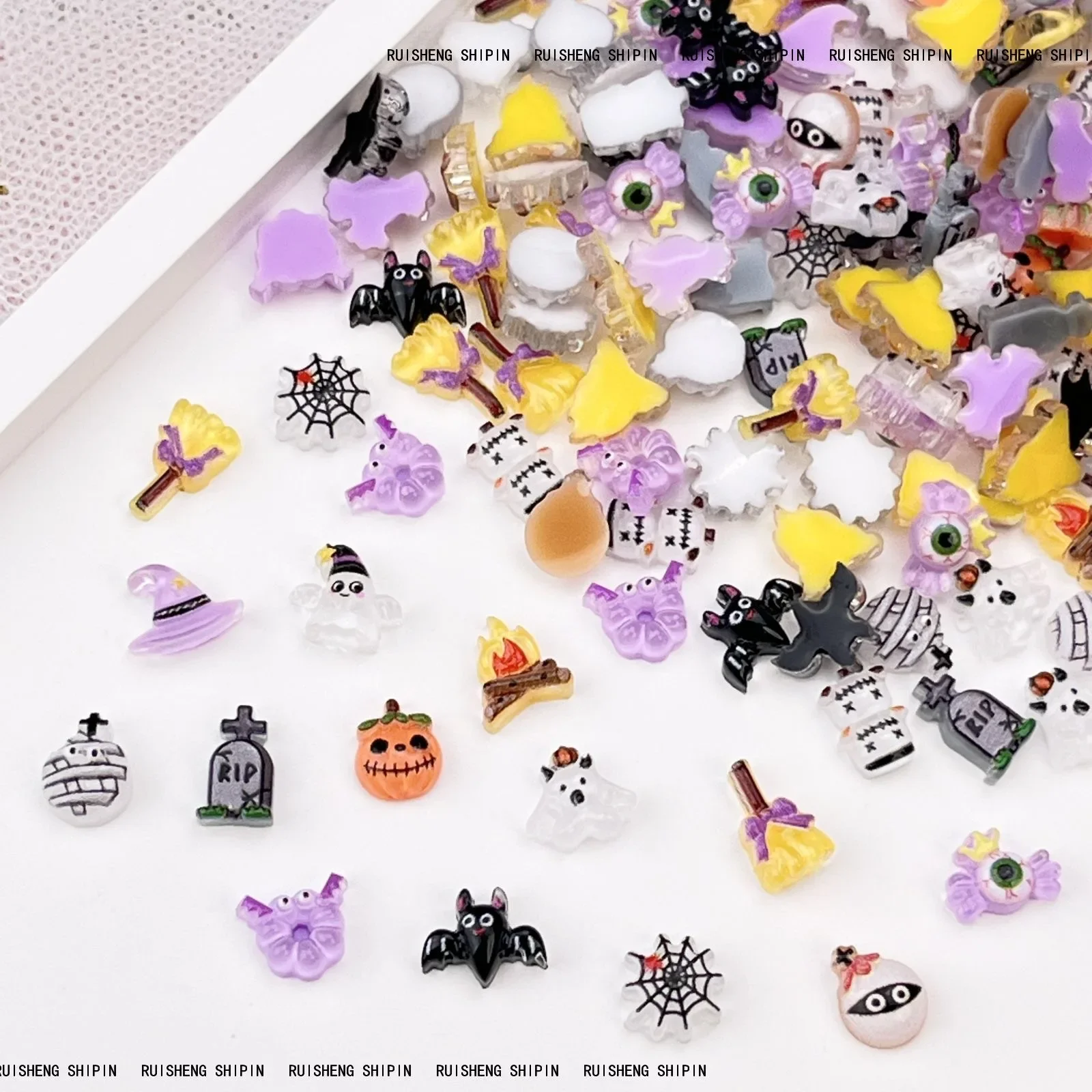 50pcs Resin Mini Colorful Halloween Ghost Pumpkin Hat Bat spider Flat ...