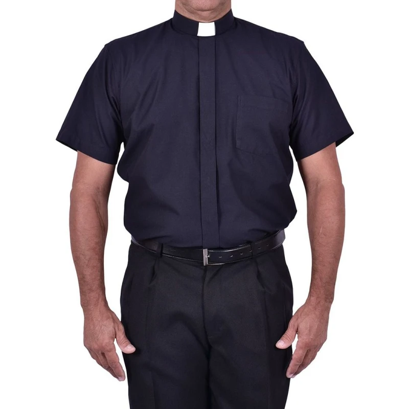 Men's Clergy Shirt Short Sleeve Black Tops Roman Tab Collar Pastor ...