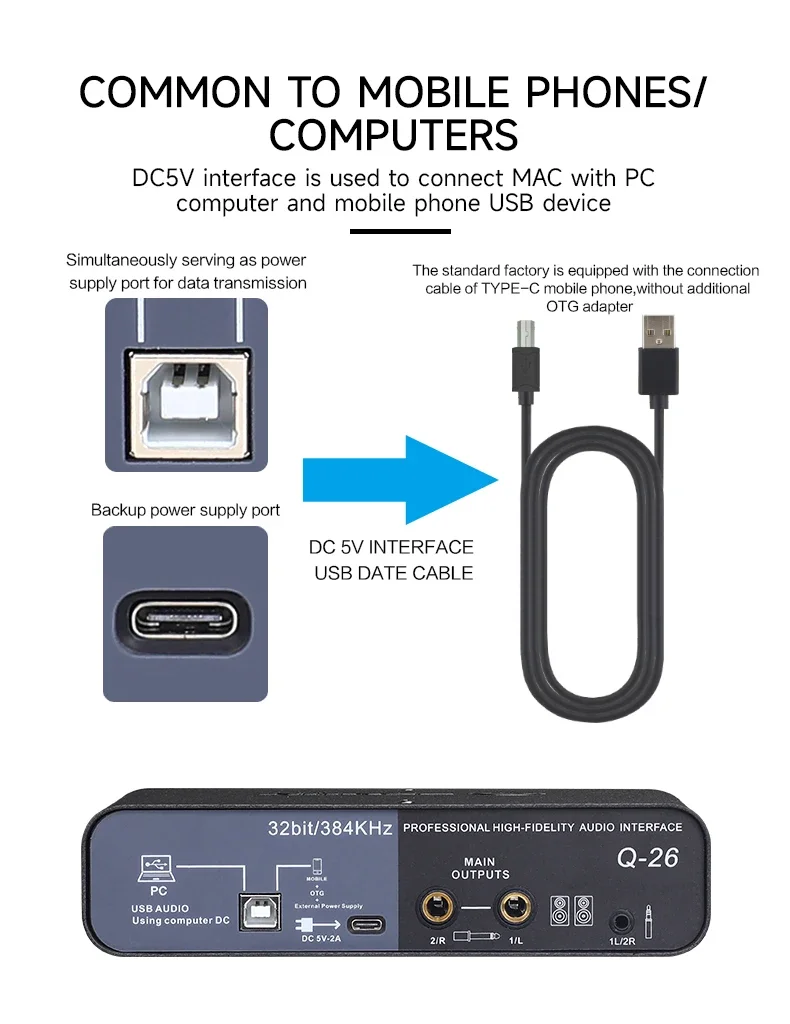 TEYUN Q26 2Channels Professional portable Audio Interface sound card ...