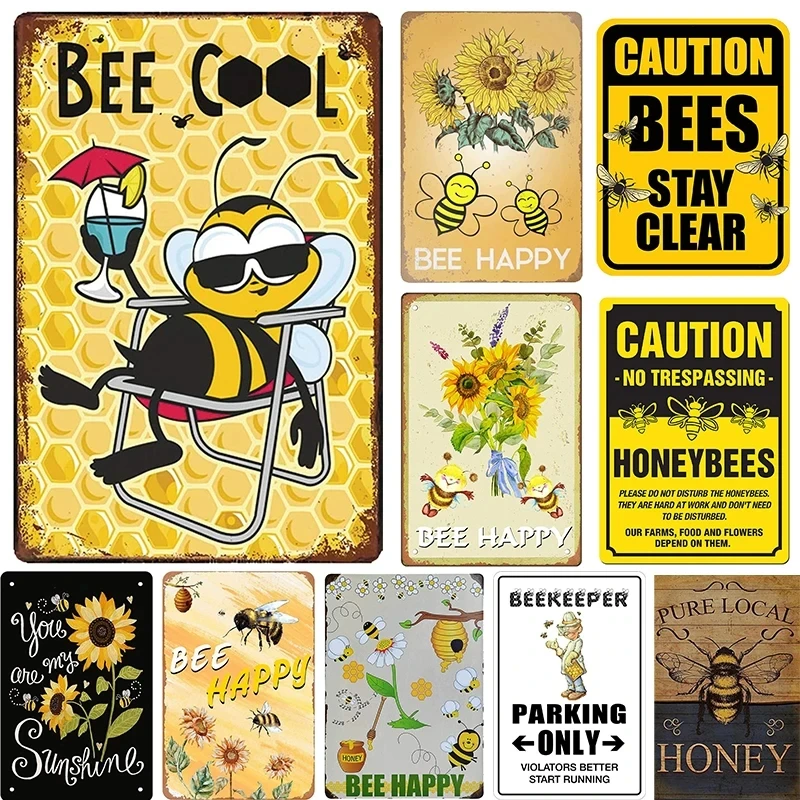 Bee Happy Metal Tin Sign The Sunshine Honeybee Beekeeper Slogans Retro ...