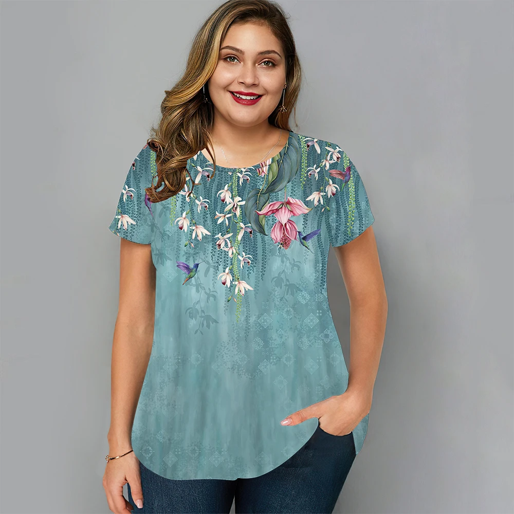 Plus Size Women's T-shirt Fashion Flower Short Sleeve Tee Loose Casual Female Clothing Street O ...