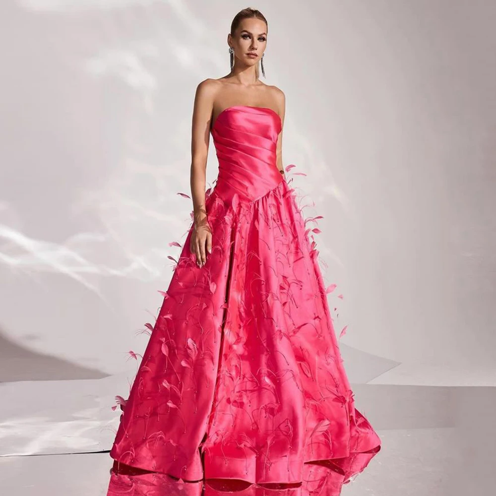 Fuchsia Satin Evening Dress Customized Strapless Sleeveless Pleat Side ...