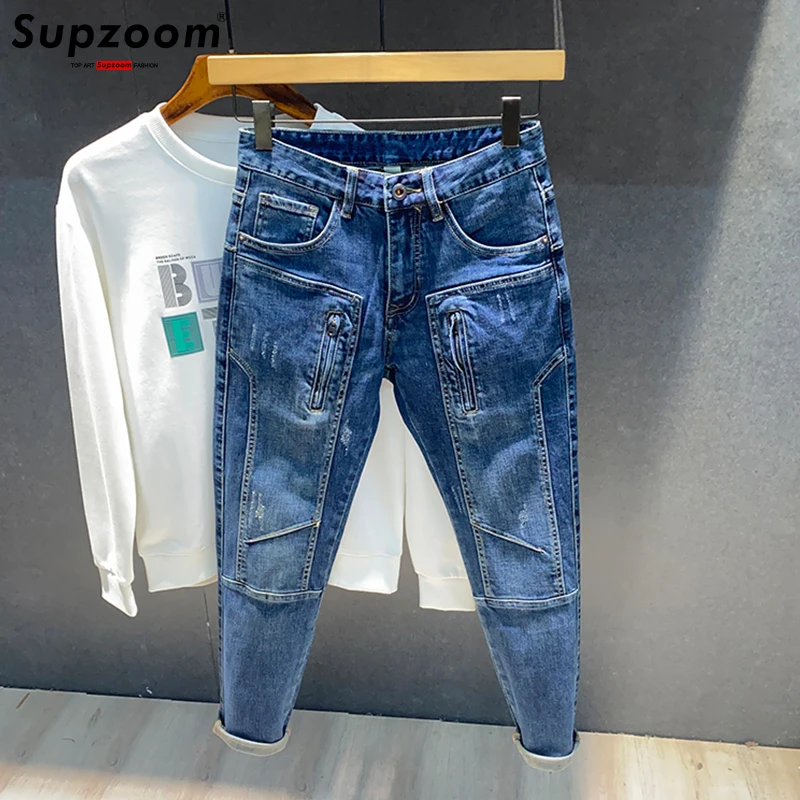 Supzoom jeans casual masculino de algodão, mosca com zíper, encalhado ...