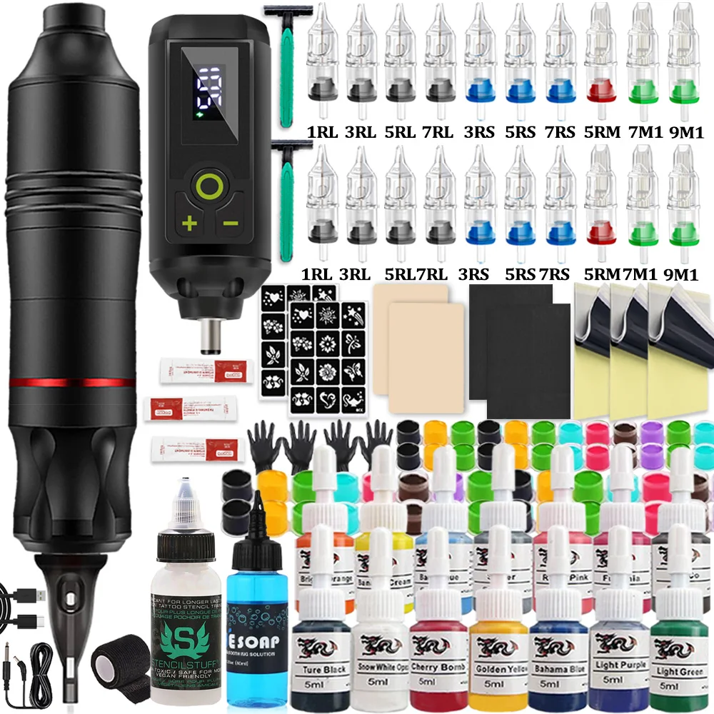 Tattoo Kit Rotary Wireless Tattoo Machine Kit Complete Tattoo Full Set ...