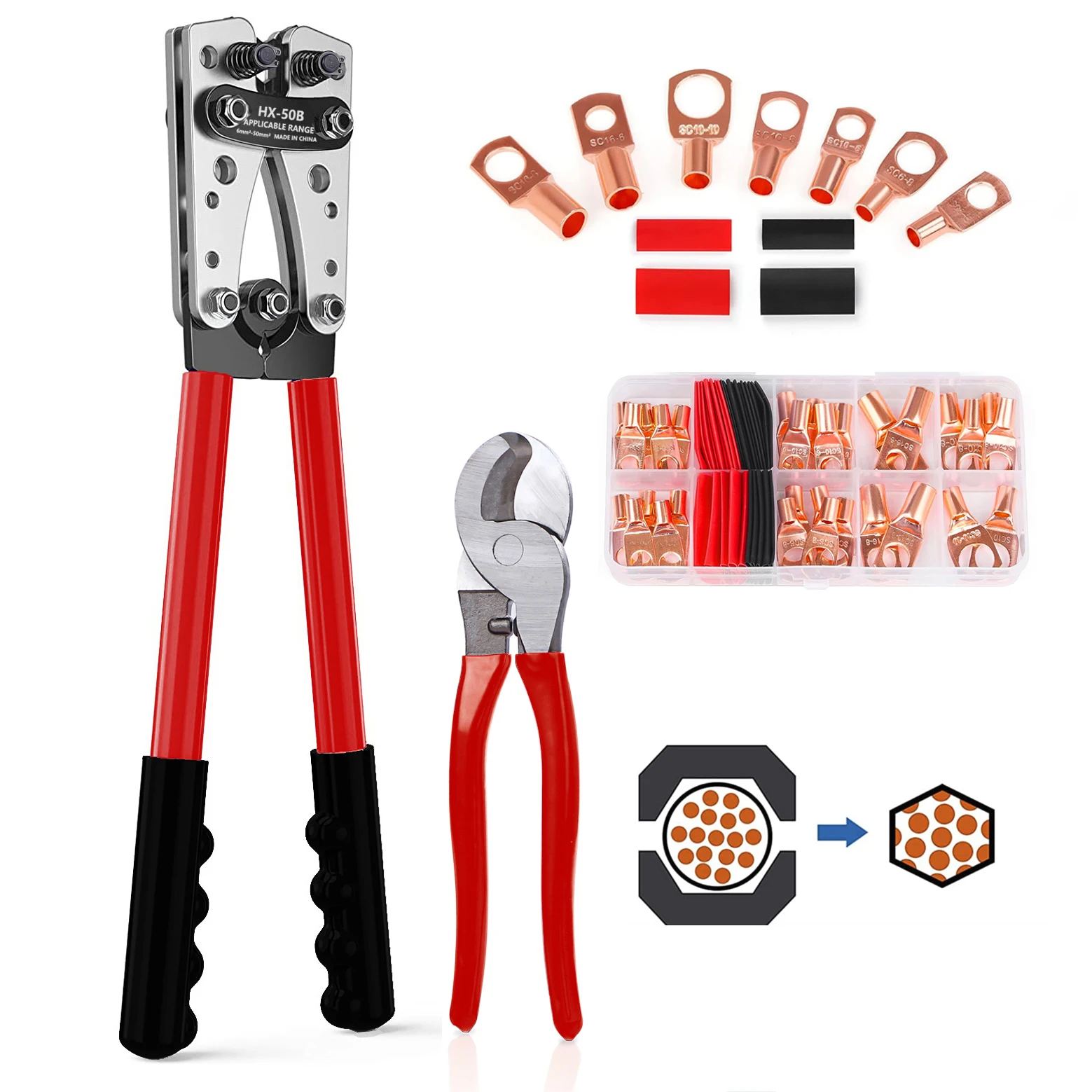 Hx-50b Battery Cable Lug Crimping Tool Kit Cable Cutter Copper Lug ...