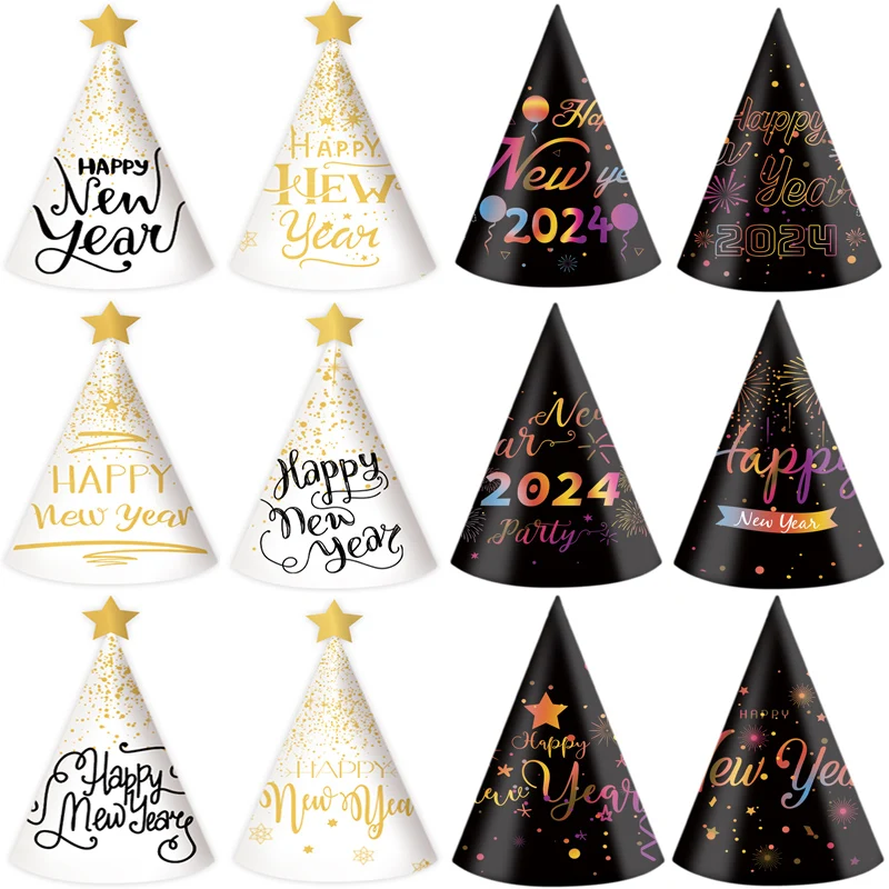 6-12pcs-Happy-New-Year-Party-Hats-Cone-Hats-Black-White-Crown-2024-New ...