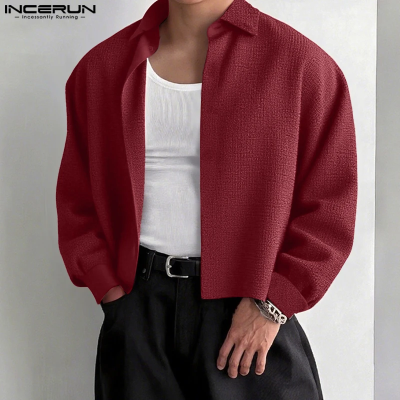 INCERUN Men Shirt Solid Color Lapel Long Sleeve Open Stitch Casual Men ...