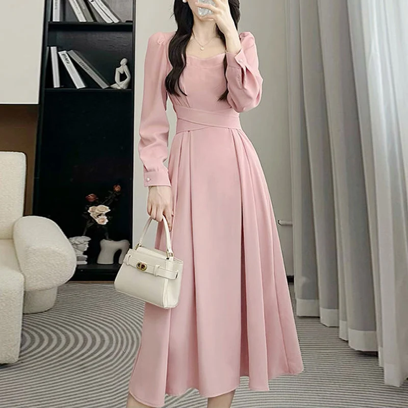 Spring-Autumn-Solid-Color-Square-Collar-Long-Sleeve-Midi-Dress-Women ...