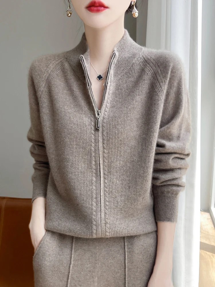100-Pure-Wool-Zipper-Cardigan-Women-s-Semi-Turtleneck-Knit-Coat-Fashion ...