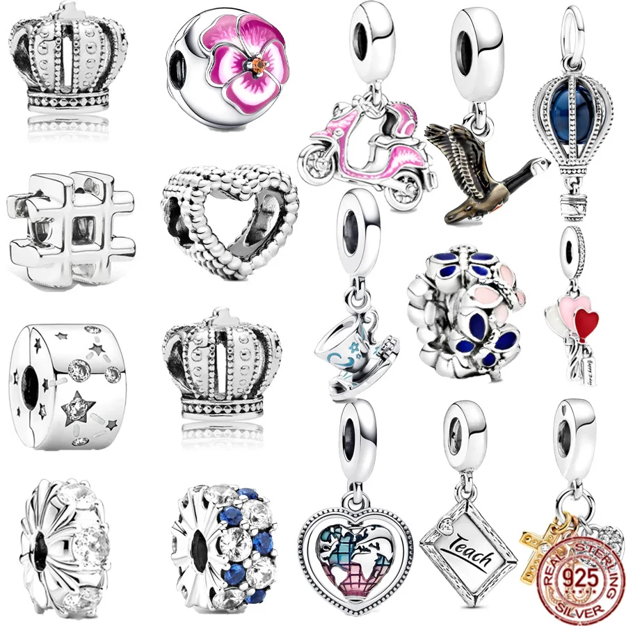 New-Real-925-Sterling-Silver-Santa-Claus-Pink-Scooter-Charm-Love-Crown ...