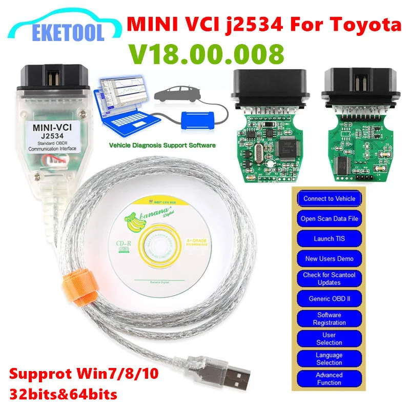 MINI VCI j2534 V18.00.008 FTDI Chip MINI-VCI J2534 para Toyota TIS ...