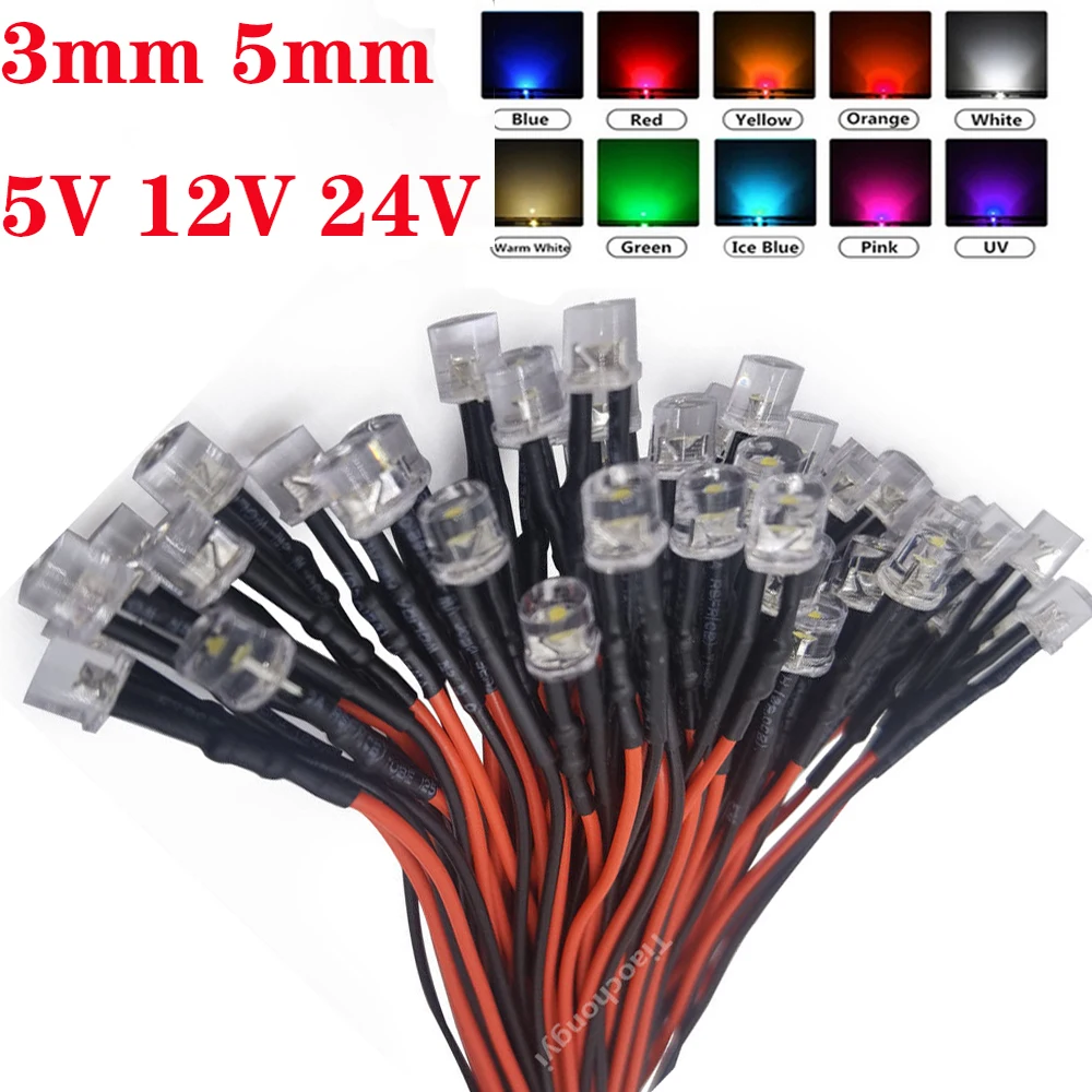 50pcs-3mm-5mm-5V-12V-24V-LED-Red-RGB-Pre-Wired-Water-Clear-flat-led ...