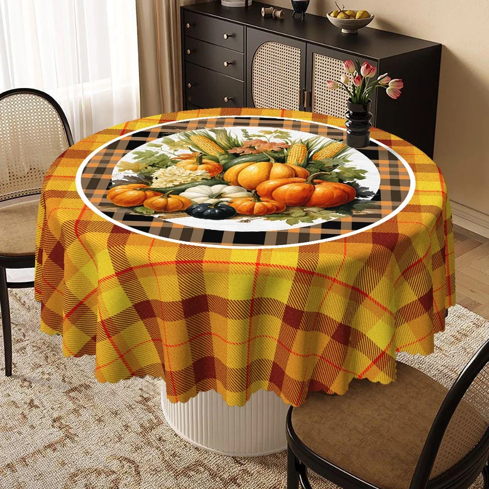 Thanksgiving Plaid Round Tablecloth - Pumpkin & Veggie Print, Fall ...
