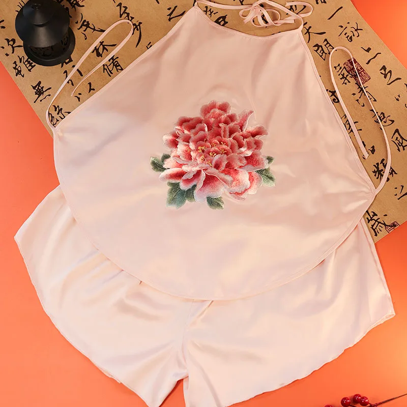 Neo-Chinese Style Women Embroidery Dudou & Short 2PCS Set Pink Beige ...
