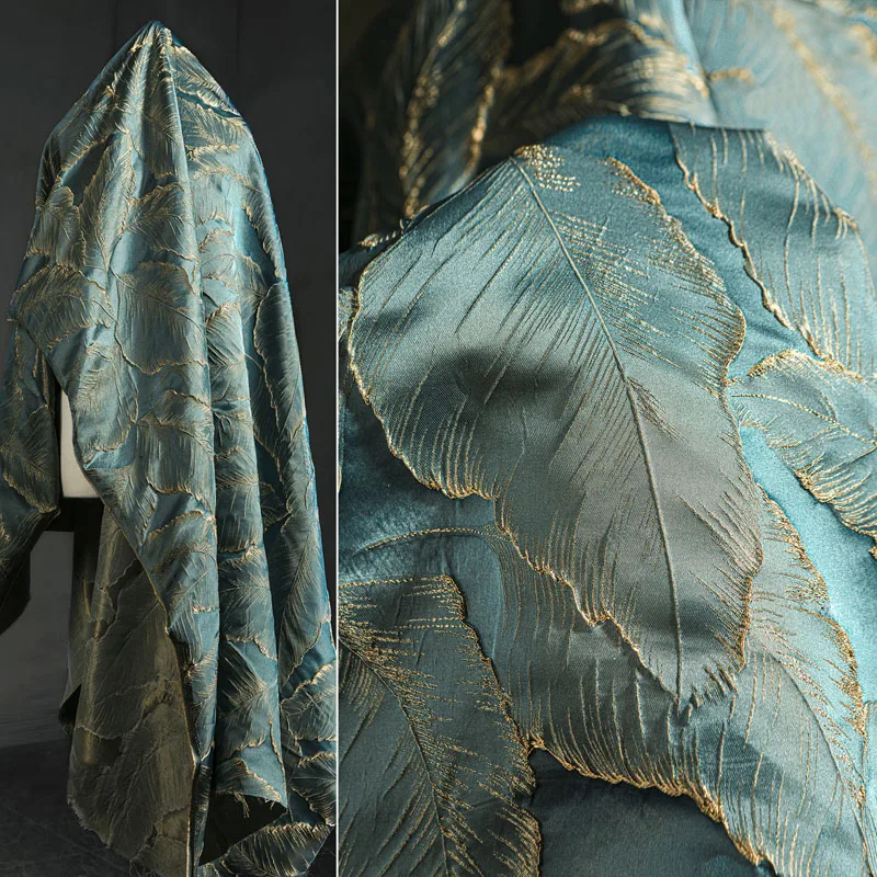 Green Leaf Pattern Gold Silk Jacquard Relief Curtain Material French ...