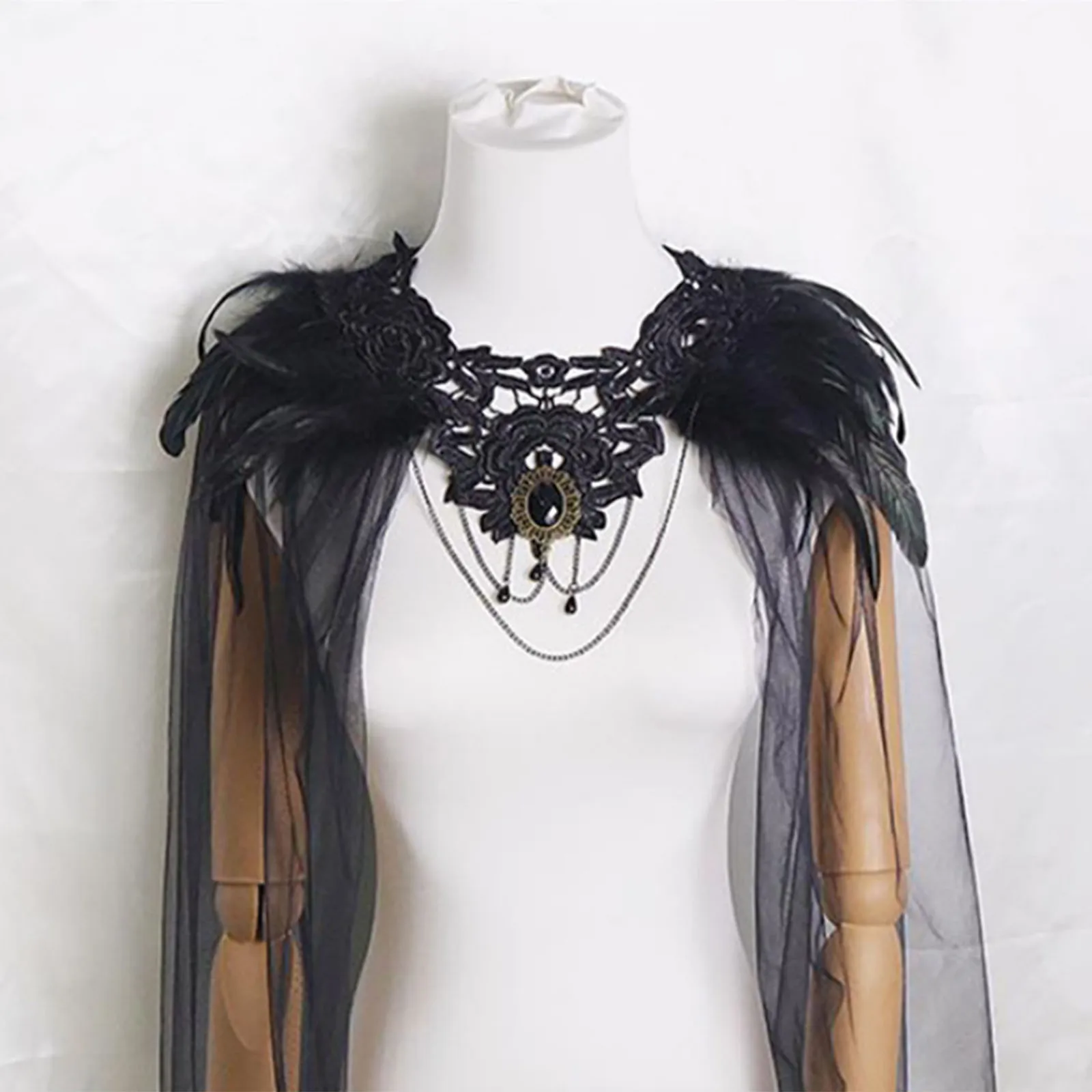 Trendy Feather Black Cloak Women Hollow Lace Mesh Festival Rave Role ...