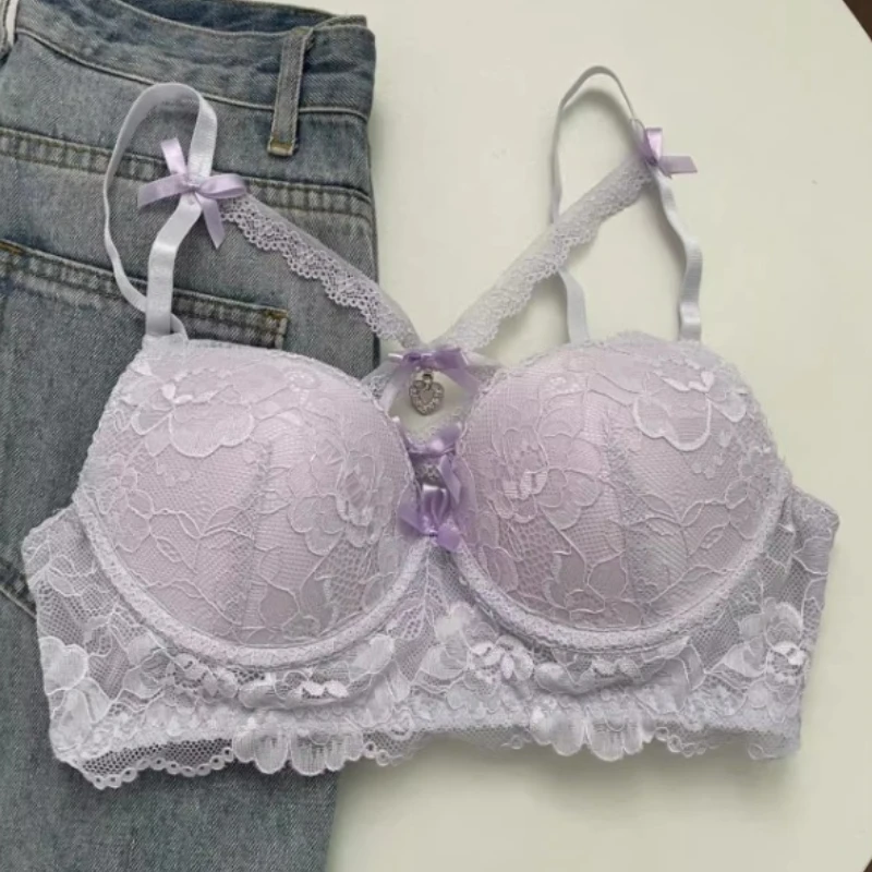 Japanese Lace Bra Set, Heart Pendant Purple Lingerie Sexy & Pure Small ...
