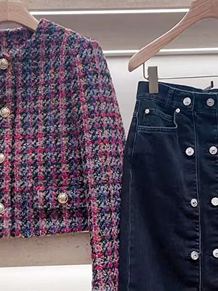 2023-Autumn-Women-Elegant-Set-Colorful-Plaid-Tweed-O-neck-Coat-or ...