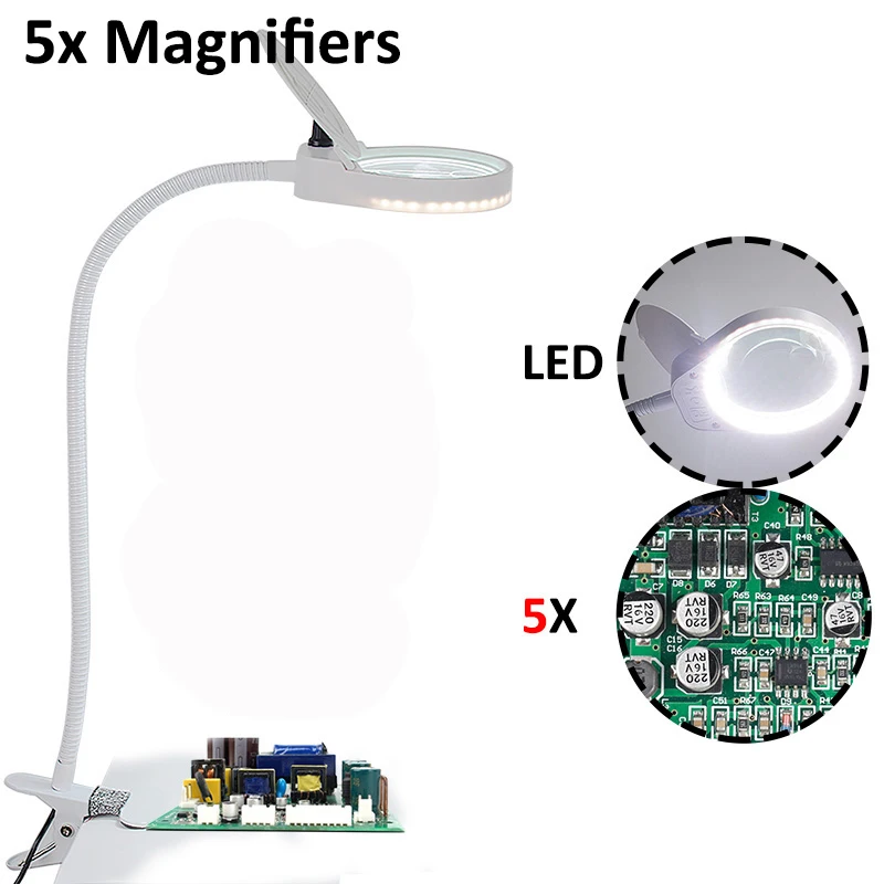 New Lighted Magnifier Clip on Table Top Desk LED Lamp Reading 5X Large ...