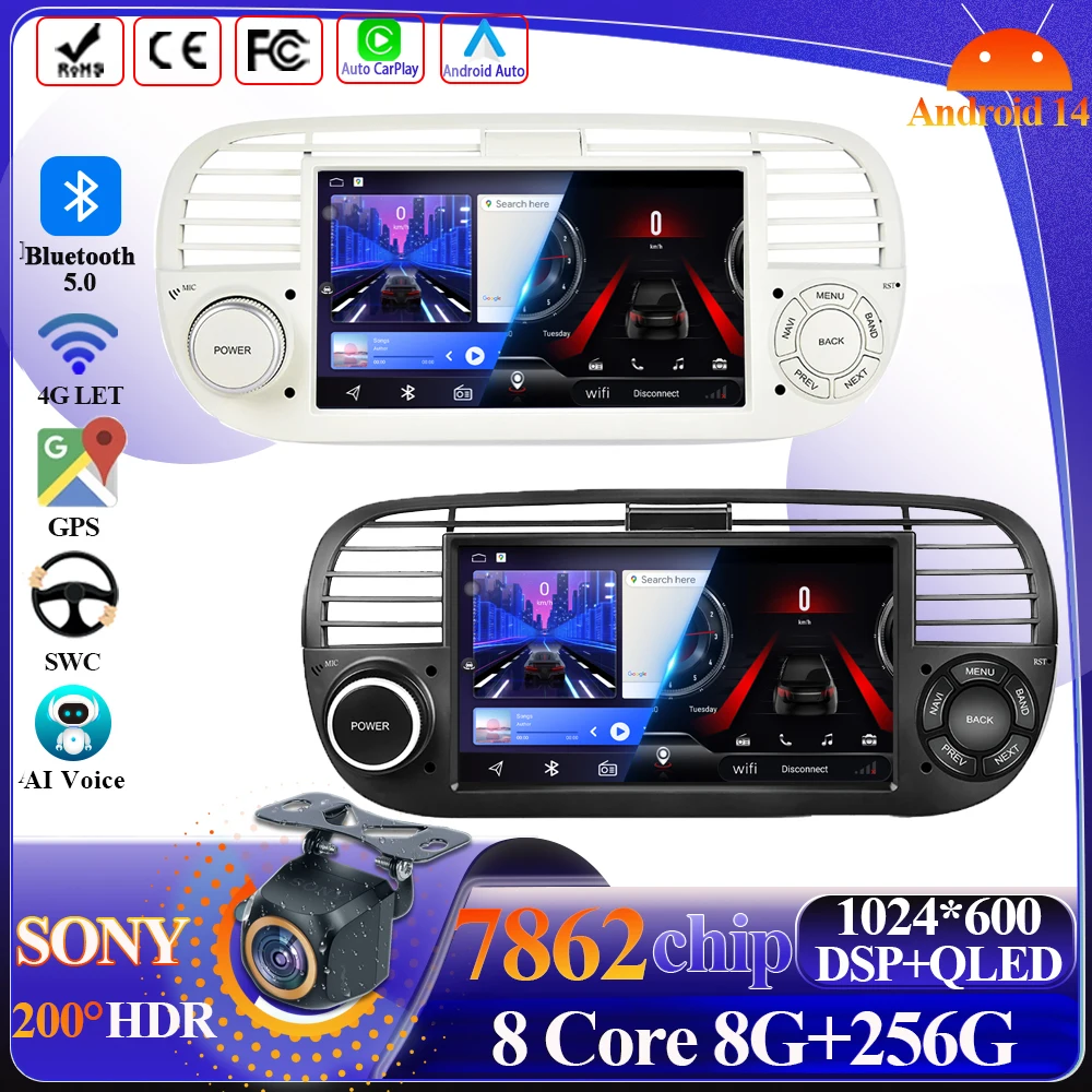 8-core-Car-Radio-Android-14-CarPlay-For-FIAT-500-Abarth-2007-2015-Head ...