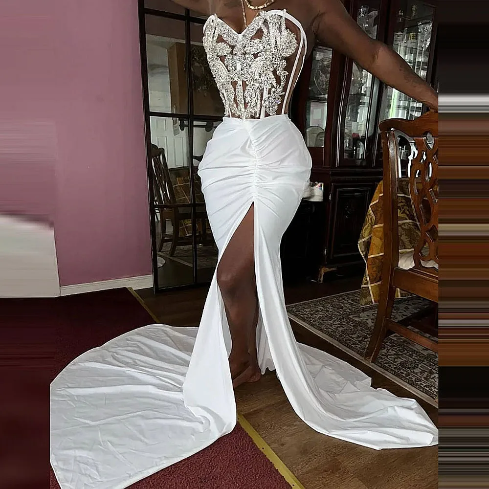 Sexy Satin Sweetheart Prom Dresses With Exposed Boning Appliques Beads ...