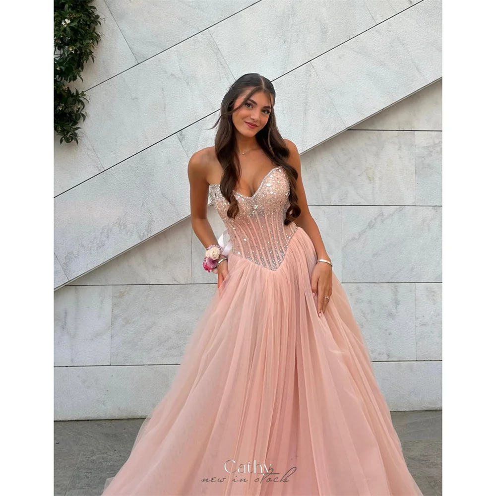 Cathy Customized Pink Sweetheart Neck Rhinestones Prom Dresses Corset ...