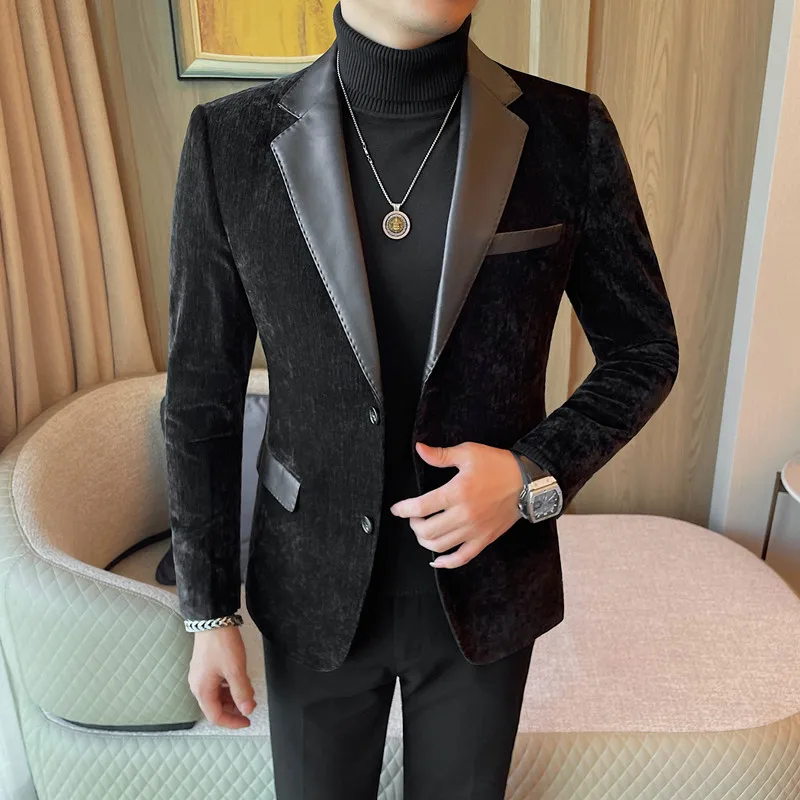 Luxury PU Velvet Patchwork Suit Jacket Men Business Social Formal Suit ...