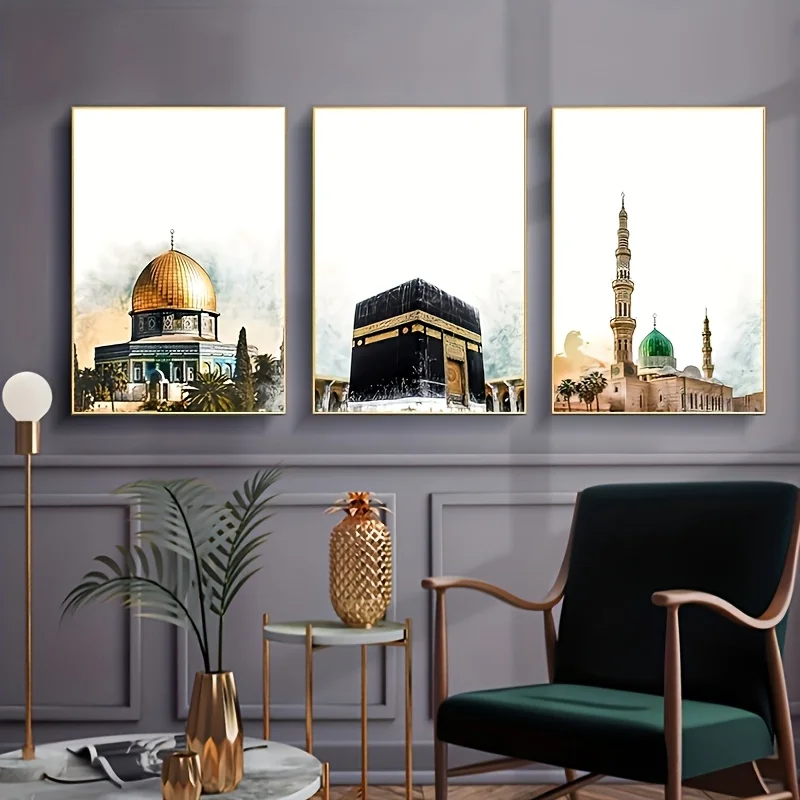 3pcs Islamic Wall Art Canvas Print - Kaaba, Masjid al-Haram & Al-Aqsa ...