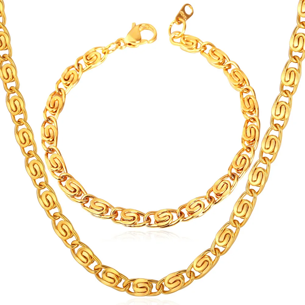 U7-Gold-Color-Chain-Bracelet-Necklace-Set-Trendy-Snail-Link-Chain ...