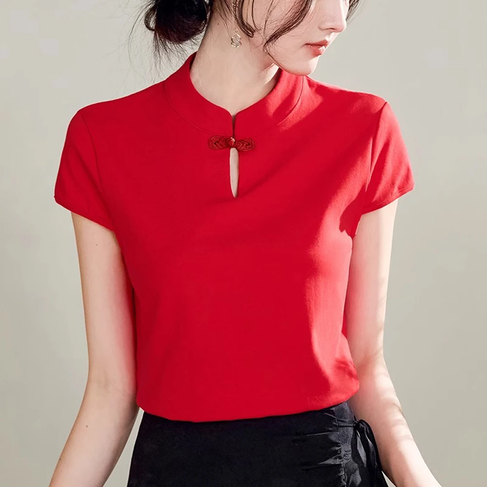 Red Chinese style buckle pure cotton short sleeved t-shirt for women's ...